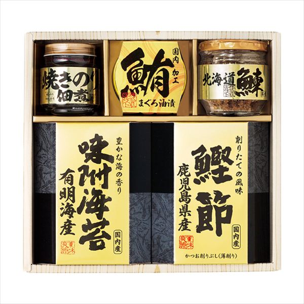 ■商品紹介内容/鰊フレーク:50g×1・焼きのり佃煮:85g×1・鹿児島県産鰹節:2g×3袋×1・有明海産味付け海苔8切10枚×1・まぐろ油漬け:70g×1《小麦・えび》 ■パッケージサイズ：箱寸/250×260×70 ■重量：約860g ...