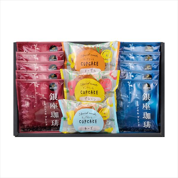 ■商品紹介内容/銀座珈琲ロイヤルブレンド:7g×5・銀座珈琲スペシャルブレンド:7g×5・カップケーキ（メープル）×1・カップケーキ（プレーン）×1・カップケーキ（チーズ）×1《卵・乳・小麦》 ■パッケージサイズ：箱寸/203×320×60...