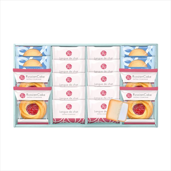 ■商品紹介内容/ロシアケーキブルーベリーサン×4・ラングドシャ×10・チョコインクッキー×4《卵・乳・小麦》 ■パッケージサイズ：箱寸/193×347×42 ■重量：約430g メーカー希望小売価格はメーカーカタログに基づいて掲載しています...