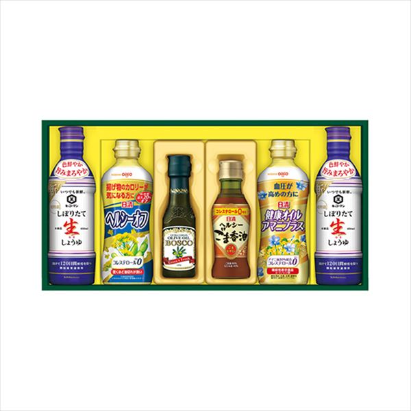 ■商品紹介内容/ヘルシーオフ:350g×1・健康オイルアマニプラス:350g×1・ボスコエキストラバージンオリーブオイル:140g×1・ヘルシーごま香油:145g×1・キッコーマンしぼりたて生しょうゆ:450?×2《小麦》 ■パッケージサイ...