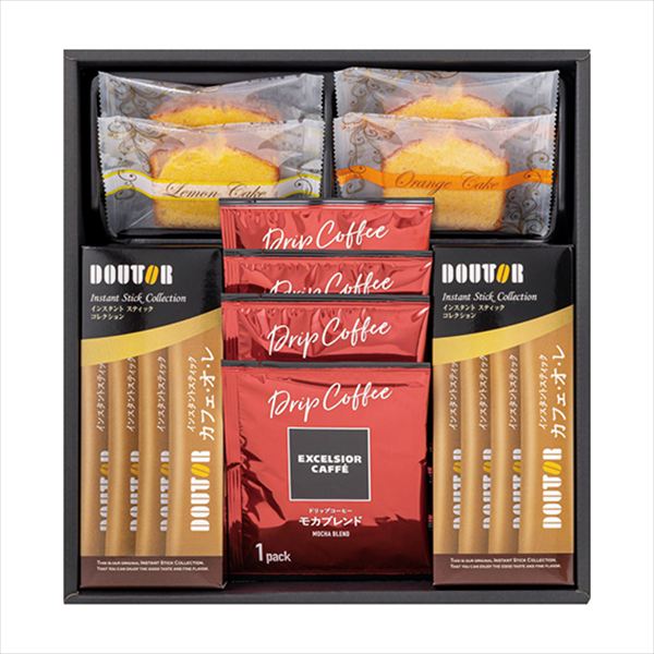■商品紹介内容/エクセルシオールカフェドリップコーヒー（モカブレンド）×4・ドトールインスタントスティックカフェオレ×8・カットケーキ（レモン）×2・カットケーキ（オレンジ）×2《卵・乳・小麦》 ■パッケージサイズ：箱寸/300×285×6...