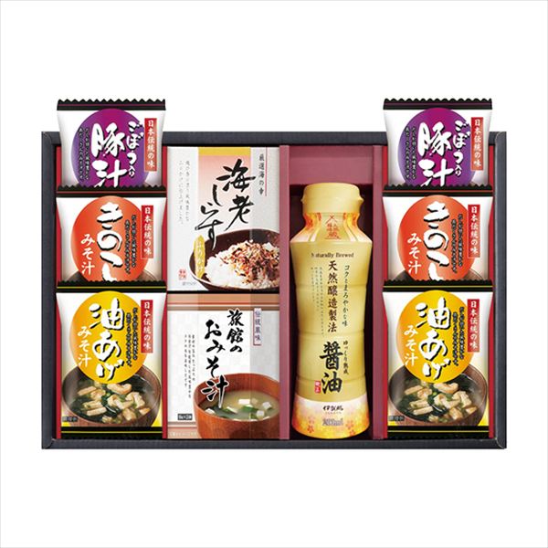 ■商品紹介内容/フリーズドライおみそ汁（きのこ）×2・フリーズドライおみそ汁（油あげ）×2・フリーズドライおみそ汁（豚汁）×2・海老しらすふりかけ:3g×3袋×1・旅館のおみそ汁:9g×2袋×1・天然醸造醤油:200?×1《乳・小麦・えび》...