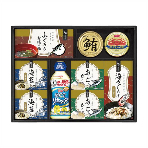 ■商品紹介内容/日清MCTリセッタ:200g×1・海老しらすふりかけ:3g×3袋×1・海苔茶漬け:5.5g×2袋×2・あごだし:6g×2袋×2・ふぐ入りお吸い物:3.2g×3袋×1・鮪油漬けフレーク:70g×1・ニッスイ紅ずわいがにほぐし身...