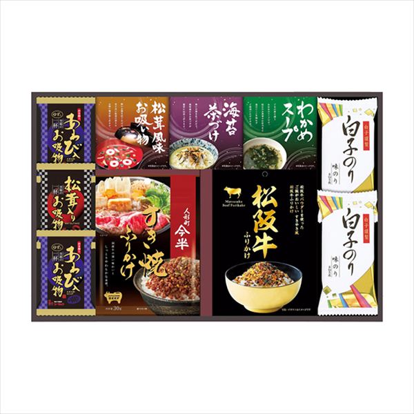 ■商品紹介内容/人形町今半すき焼きふりかけ:30g×1・松阪牛ふりかけ:30g×1・丸美屋のり茶漬け:6g×2袋×1・永谷園松茸風味お吸い物:2.3g×2袋×1・わかめスープ:3.5g×3袋×1・あわび入お吸い物:4g×2・松茸入りお吸い物...