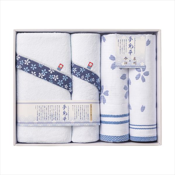 ■商品紹介内容/今治バスタオル:60×120×1・今治フェイスタオル:34×80×1・泉州フェイスタオル:34×80×1・泉州ハンドタオル:34×35×1 材質/綿100% ■パッケージサイズ：箱寸/300×380×70 ■重量：約753g...