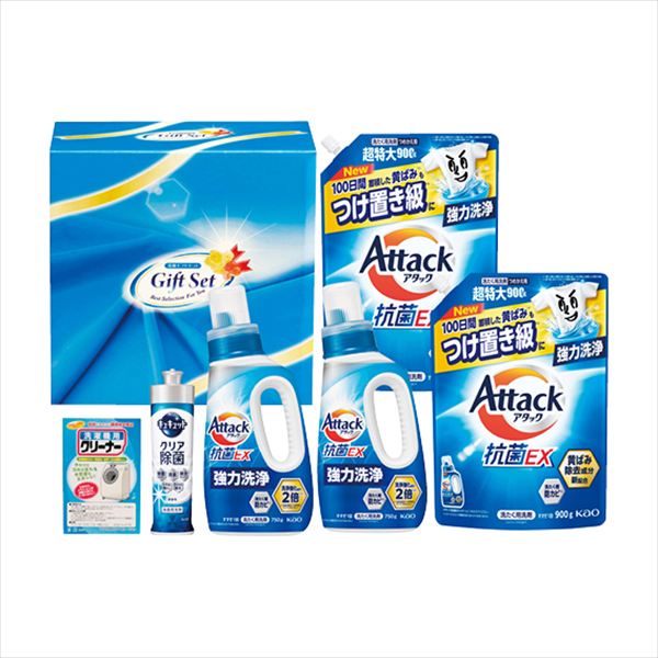 ■商品紹介内容/花王アタック抗菌EX:750g×2・花王アタック抗菌EX詰め替え用:900g×2・花王キュキュットクリア除菌:220?×1・洗濯機用クリーナーM×1 ■パッケージサイズ：箱寸/285×225×165 ■重量：約4100g メ...