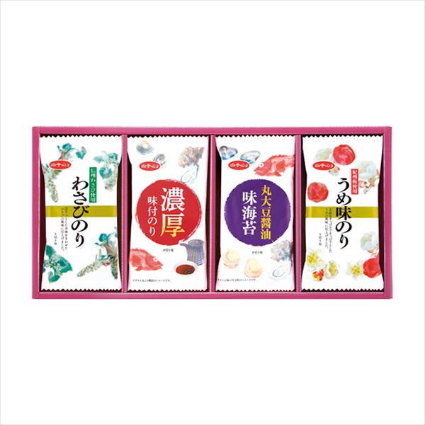■商品紹介内容/信州わさび使用わさびのり:（8切5枚）×2・濃厚味付のり:（8切5枚）×2・丸大豆醤油味のり:（8切5枚）×2・紀州梅使用うめ味のり:（8切5枚）×2《小麦・えび》 ■パッケージサイズ：箱寸/170×340×45 ■重量：約...