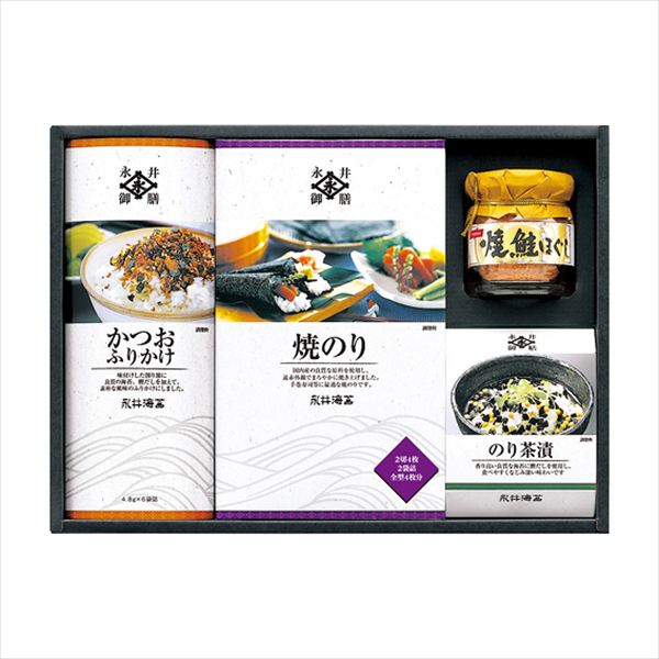 ■商品紹介内容/焼のり:2切4枚×2袋×1・かつおふりかけ:4.8g×6袋×1・焼鮭ほぐし×1・のり茶漬:6袋×1《小麦》 ■パッケージサイズ：箱寸/252×347×75 ■重量：約715g メーカー希望小売価格はメーカーカタログに基づいて...
