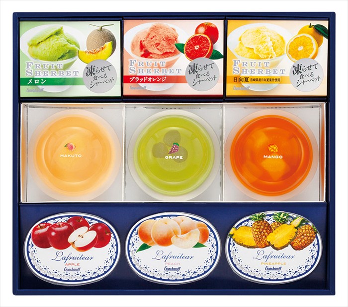 ■お中元専用商品となります。商品出荷日：6月12日から8月6日ごろ 　 ■商品紹介：果肉入りゼリー、果汁ゼリー、シャーベットとバラエティ豊かに詰め合わせました。 ■商品内容：フルーティングココ102g・ラフルーティア61g・フルーツシャーベ...