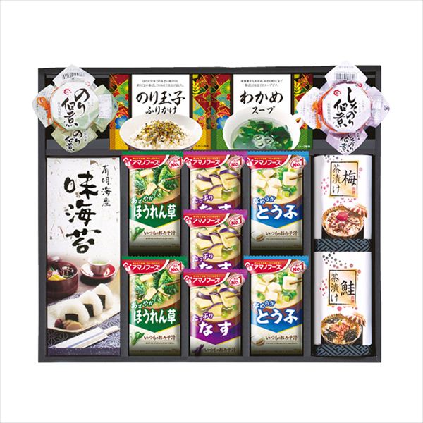 ■商品紹介内容/島の香のり佃煮:80g×1・島の香しそのり佃煮:80g×1・のり玉子ふりかけ:4.5g×2袋×1・わかめスープ:5.3g×2袋×1・有明海産味付海苔:3切4枚×1・アマノほうれん草おみそ汁:7g×2・アマノなすおみそ汁:9....