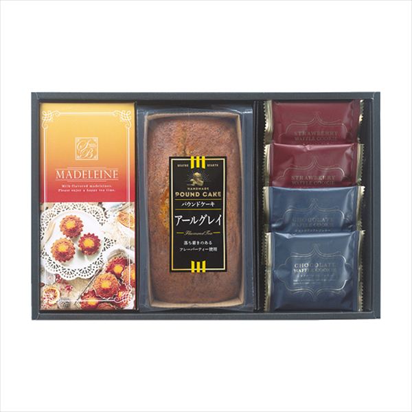 ■商品紹介内容/パウンドケーキ（アールグレイパウンド）×1・マドレーヌ（ミルク2個入）×1・ワッフルクッキー（ホワイトショコラ）×2・ワッフルクッキー（いちご）×2《卵・乳・小麦》 ■パッケージサイズ：箱寸/201×305×59 ■重量：約...