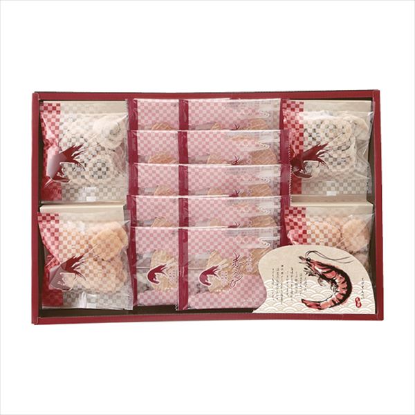 ■商品紹介内容/赤えびせんべい（1枚）×10・えびせん（うず巻）:10g×2・えびせん（えび松風）:10g×2《小麦・えび》 ■パッケージサイズ：箱寸/265×400×43 ■重量：約390g メーカー希望小売価格はメーカーカタログに基づい...