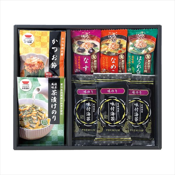 ■商品紹介内容/鰹節:1.5g×2袋×1・抹茶入りのり茶漬け:5.6g×2袋×1・即席みそ汁（なす）:7.4g×1・即席みそ汁（ほうれん草）:7.5g×1・即席みそ汁（なめこ）:5.9g×1・有明海産味付海苔:8切5枚×3《小麦・えび》 ■...