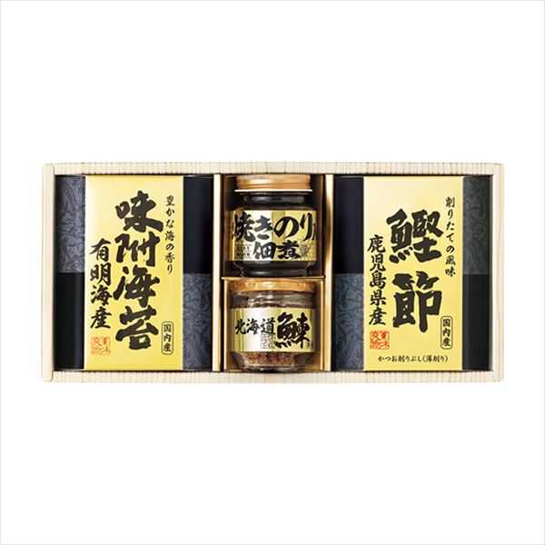 ■商品紹介内容/鰊フレーク:50g×1・焼きのり佃煮:85g×1・鹿児島県産鰹節:2g×3袋×1・有明海産味付け海苔8切10枚×1《小麦・えび》 ■パッケージサイズ：箱寸/165×350×70 ■重量：約740g メーカー希望小売価格はメー...