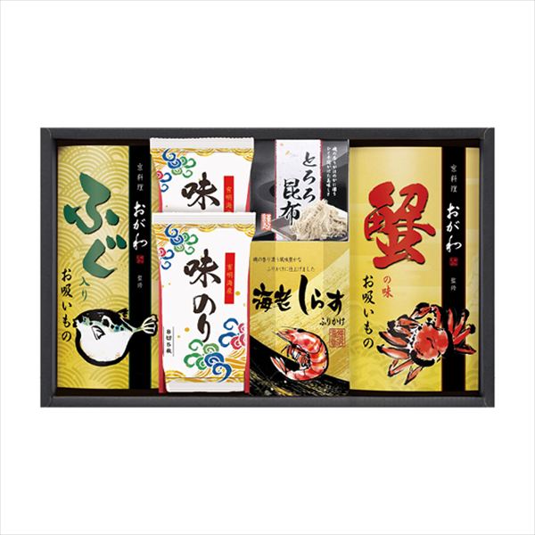 ■商品紹介内容/蟹の味お吸いもの:3.8g×3袋×1・ふぐ入りお吸いもの:3.2g×3袋×1・とろろ昆布:1.5g×3袋×1・海老しらすふりかけ:3g×3袋×1・有明海産味のり:8切5枚×2《乳・小麦・えび・かに》 ■パッケージサイズ：箱寸...
