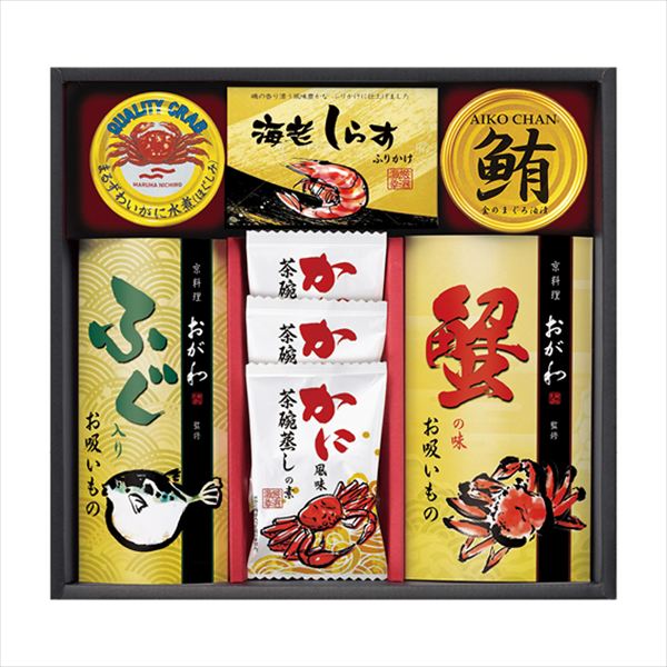 ■商品紹介内容/蟹の味お吸いもの:3.8g×3袋×1・ふぐ入りお吸いもの:3.2g×3袋×1・鮪油漬フレーク:70g×1・海老しらすふりかけ:3g×3袋×1・かに風味茶碗蒸しの素×3・まるずわいがにほぐしみ:55g×1《乳・小麦・えび・かに...