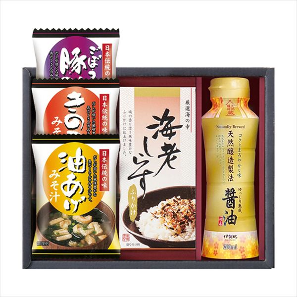 ■商品紹介内容/フリーズドライおみそ汁（きのこ）×1・フリーズドライおみそ汁（油あげ）×1・フリーズドライおみそ汁（豚汁）×1・海老しらすふりかけ:3g×3袋×1・天然醸造醤油:200ml×1《乳・小麦・えび》 ■パッケージサイズ：箱寸/1...