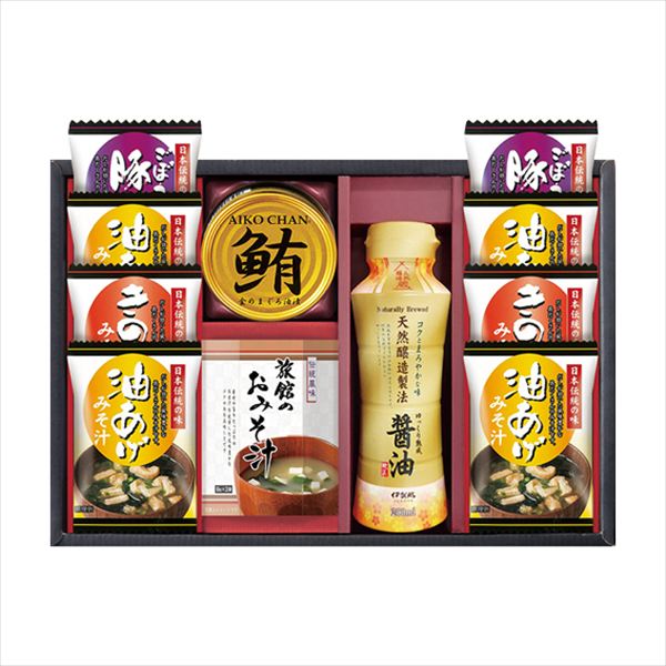 ■商品紹介内容/フリーズドライおみそ汁（きのこ）×2・フリーズドライおみそ汁（油あげ）×4・フリーズドライおみそ汁（豚汁）×2・旅館のおみそ汁:9g×2袋×1・天然醸造醤油:200ml×1・鮪油漬フレーク:70g×1《小麦》 ■パッケージサ...