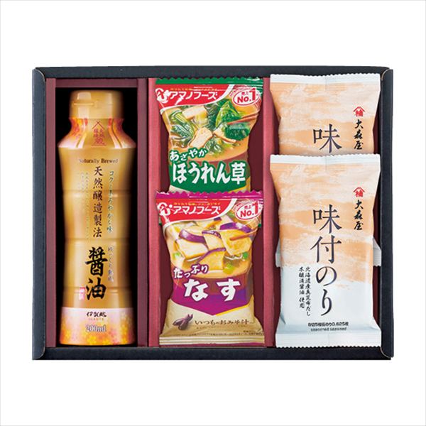 ■商品紹介内容/天然醸造醤油:200ml×1・アマノフーズいつものおみそ汁（なす）×1・アマノフーズいつものおみそ汁（ほうれん草）×1・大森屋味付のり:8切5枚×2《小麦・えび》 ■パッケージサイズ：箱寸/180×220×55 ■重量：約4...