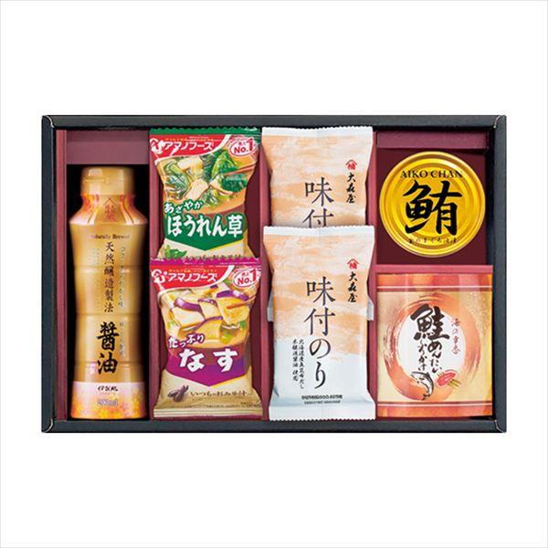 ■商品紹介内容/天然醸造?油:200ml×1・アマノフーズいつものおみそ汁（なす）×1・アマノフーズいつものおみそ汁（ほうれん草）×1・大森屋味付のり:8切5枚×2・鮭めんたいこふりかけ:4g×3袋×1・鮪油漬けフレーク:70g×1《乳・小...