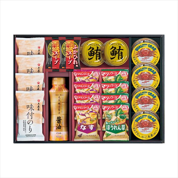 ■商品紹介内容/天然醸造?油:200ml×1・アマノフーズいつものおみそ汁（なす）×4・アマノフーズいつものおみそ汁（ほうれん草）×4・大森屋味付のり:8切5枚×4・鮪油漬けフレーク:70g×2・ふかひれスープ×2・まるずわいがにほぐし身:...