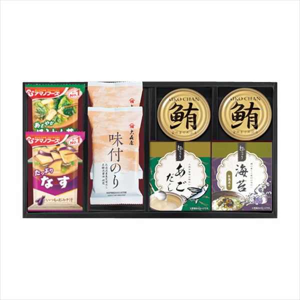 ■商品紹介内容/大森屋味付のり:8切5枚×2・アマノフーズいつものおみそ汁（なす）×1・アマノフーズいつものおみそ汁（ほうれん草）×1・あごだし:6g×2袋×1・海苔茶漬け:5.5g×2袋×1・鮪油漬けフレーク:70g×2《乳・小麦・えび》...