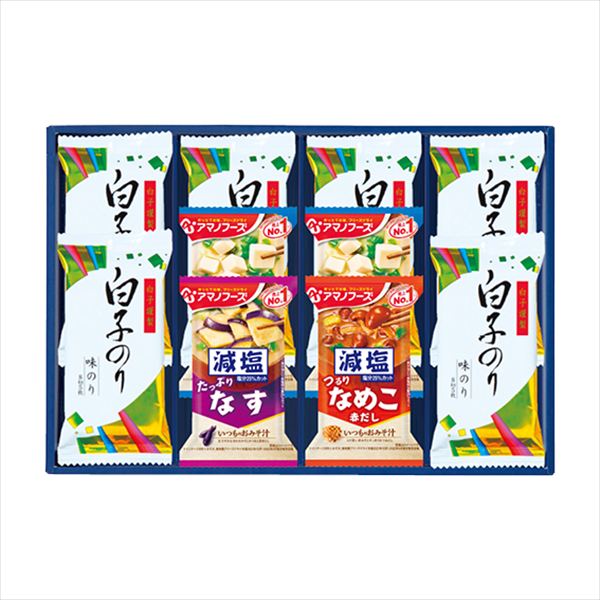 ■商品紹介内容/白子のり味のり:8切5枚×6・減塩いつものおみそ汁（とうふ）:10.3g×2・減塩いつものおみそ汁（なす）:9g×1・減塩いつものおみそ汁（なめこ）:8g×1《乳・小麦・えび》 ■パッケージサイズ：箱寸/242×357×45...