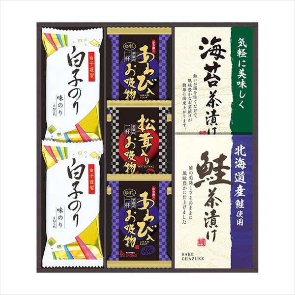 ■商品紹介内容/あわび入お吸い物:4g×2・松茸入りお吸い物:4.2g×1・北海道産鮭茶漬け:4g×2袋×1・丸美屋のり茶漬け:6g×2袋×1・白子のり:8切5枚×2《卵・乳・小麦・えび》 ■パッケージサイズ：箱寸/292×277×42 ■...