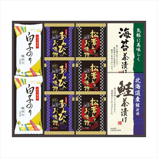 ■商品紹介内容/あわび入お吸い物:4g×3・松茸入りお吸い物:4.2g×3・北海道産鮭茶漬け:4g×2袋×1・丸美屋のり茶漬け:6g×2袋×1・白子のり:8切5枚×2《卵・乳・小麦・えび》 ■パッケージサイズ：箱寸/292×363×42 ■...