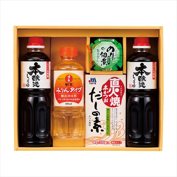 ■商品紹介内容/サンビシ本醸造しょうゆ:500ml×2・日の出割烹みりんタイプ:400ml×1・島乃香のり佃煮:80g×1・マルトモ直火焼本かつおだしの素:（4g×10袋）×1《乳・小麦》 ■パッケージサイズ：箱寸/255×305×75 ■...