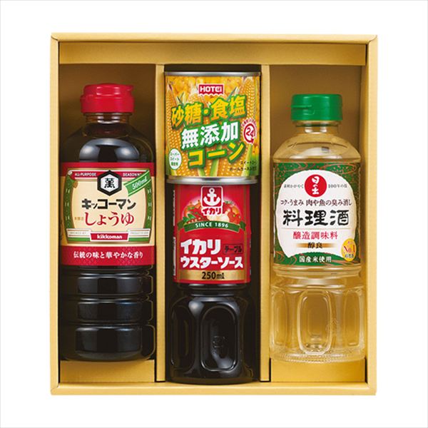 ■商品紹介内容/キッコーマンこいくちしょうゆ［日本製］:500ml×1・日の出料理酒［日本製］:400ml×1・イカリテーブルウスターソース［日本製］:250ml×1・ホテイ砂糖・食塩無添加コーン［タイ製］:180g×1《小麦》 ■パッケー...