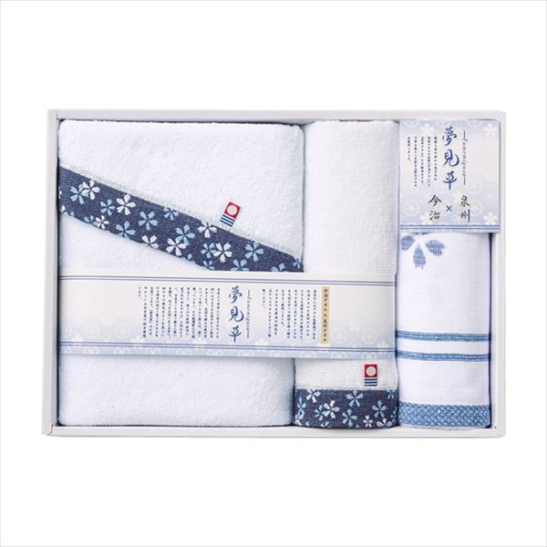 ■商品紹介内容/今治バスタオル:60×120×1・泉州フェイスタオル:34×80×1・今治ハンドタオル:34×35×1 材質/綿100% ■パッケージサイズ：箱寸/250×350×60 ■重量：約583g メーカー希望小売価格はメーカーカタ...