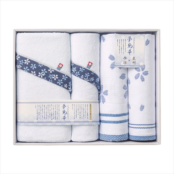 ■商品紹介内容/今治バスタオル:60×120×1・今治フェイスタオル:34×80×1・泉州フェイスタオル:34×80×1・泉州ハンドタオル:34×35×1 材質/綿100% ■パッケージサイズ：箱寸/300×380×70 ■重量：約753g...