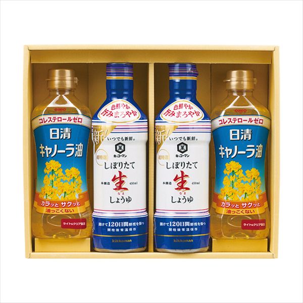 ■商品紹介内容/キッコーマンいつでも新鮮しぼりたて生しょうゆ:450ml×2・日清キャノーラ油:350g×2《小麦》 ■パッケージサイズ：箱寸/255×305×75 ■重量：約2204g メーカー希望小売価格はメーカーカタログに基づいて掲載...