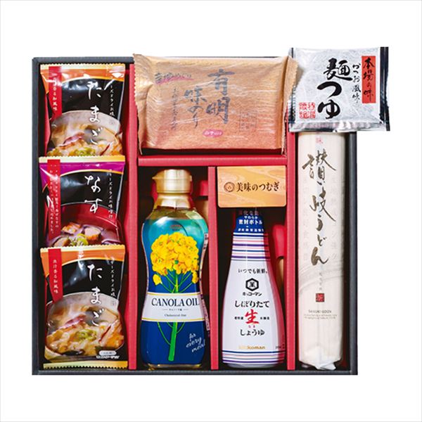 ■商品紹介内容/なすフリーズドライみそ汁×1・たまごフリーズドライスープ×2・白子のり有明味のり:8切8枚×1・昭和キャノーラ油:300g×1・キッコーマンしぼりたて生醤油:200ml×1・讃岐うどん:180g×1・めんつゆ濃縮:30ml×...