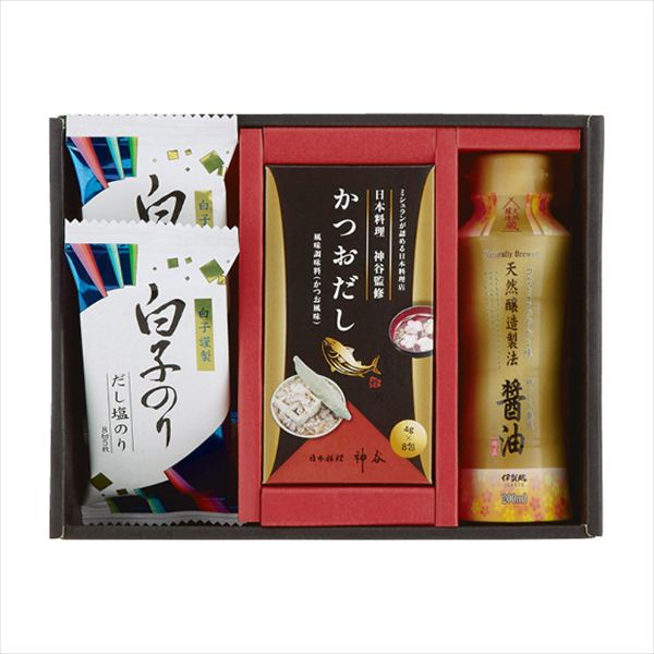 ■商品紹介内容/かつおだし:4g×8袋×1・伊賀越天然醸造醤油:200ml×1・白子だし塩のり:8切5枚×2《乳・小麦》 ■パッケージサイズ：箱寸/190×240×75 ■重量：約570g メーカー希望小売価格はメーカーカタログに基づいて掲...