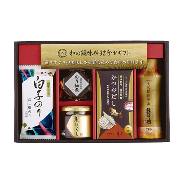 ■商品紹介内容/のり佃煮:80g×1・鮭ほぐし:50g×1・かつおだし:4g×8袋×1・伊賀越天然醸造醤油:200ml×1・白子だし塩のり:8切5枚×1《乳・小麦》 ■パッケージサイズ：箱寸/210×315×75 ■重量：約1070g メー...