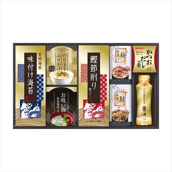 ■商品紹介内容/有明海産味付け海苔:3切4枚×1・のり玉子ふりかけ:4.5g×2袋×1・永谷園お吸いもの松茸風味:2.3g×4袋×1・鰹節削り:2g×4袋×1・梅茶漬け:4.3g×2袋×1・鮭茶漬け:4.7g×2袋×1・マルトモかつおだしの...
