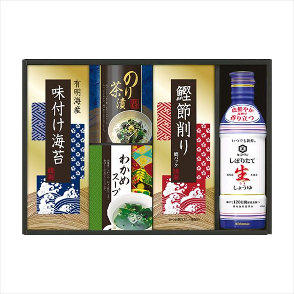■商品紹介内容/有明海産味付け海苔:3切4枚×1・のり茶漬け:4.3g×2袋×1・わかめスープ:5.3g×2袋×1・鰹節削り:2g×4袋×1・キッコーマンしぼりたて生しょうゆ:450ml×1《乳・小麦・えび》 ■パッケージサイズ：箱寸/25...