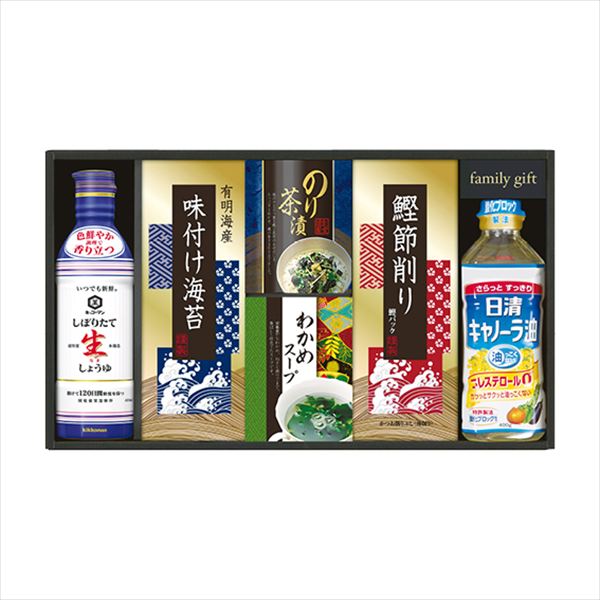■商品紹介内容/有明海産味付け海苔:3切4枚×1・のり茶漬け:4.3g×2袋×1・わかめスープ:5.3g×2袋×1・鰹節削り:2g×4袋×1・日清キャノーラ油:400g×1・キッコーマンしぼりたて生しょうゆ:450ml×1《乳・小麦・えび》...