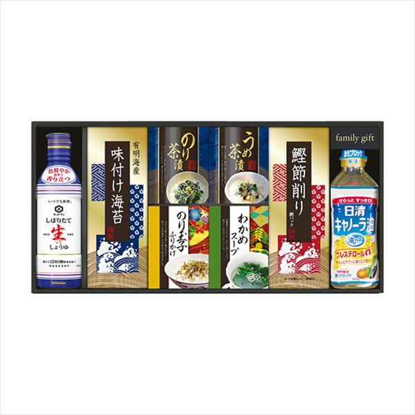 ■商品紹介内容/有明海産味付け海苔:3切4枚×1・のり茶漬け:4.3g×2袋×1・うめ茶漬け:4.3g×2袋×1・のり玉子ふりかけ:4.5g×2袋×1・わかめスープ:5.3g×2袋×1・鰹節削り:2g×4袋×1・日清キャノーラ油:400g×...