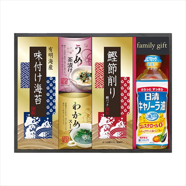 ■商品紹介内容/有明海産味付け海苔:3切4枚×1・うめ茶漬け:4.3g×2袋×1・わかめスープ:5.3g×2袋×1・鰹節削り:2g×4袋×1・日清キャノーラ油:400g×1《乳・小麦・えび》 ■パッケージサイズ：箱寸/250×330×70 ...