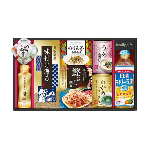 ■商品紹介内容/島の香のり佃煮:80g×1・有明海産味付け海苔:3切4枚×1・のり玉子ふりかけ:4.5g×2袋×1・鰹節削り:2g×4袋×1・わかめスープ:5.3g×2袋×1・うめ茶漬け:4.3g×2袋×1・伊賀越天然醸造しょうゆ:200m...