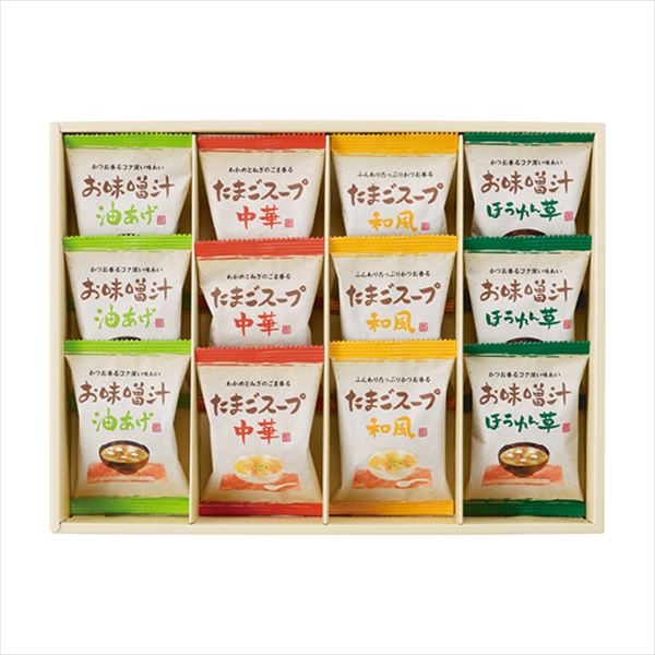 ■商品紹介内容/お味噌汁:（ほうれん草×3・油あげ×3）・たまごスープ:（和風×3・中華×3）《卵・小麦》 ■パッケージサイズ：箱寸/260×345×40 ■重量：約355g メーカー希望小売価格はメーカーカタログに基づいて掲載しています ...