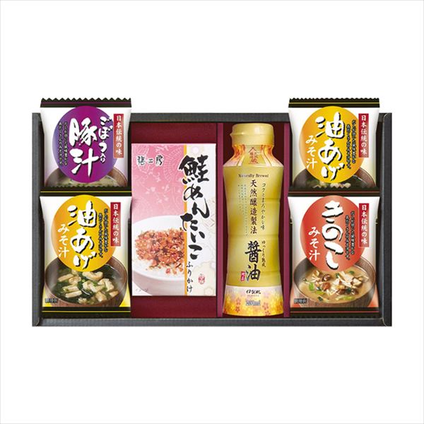■商品紹介内容/フリーズドライおみそ汁（きのこ）×1・フリーズドライおみそ汁（油あげ）×2・フリーズドライおみそ汁（豚汁）×1・鮭めんたいこふりかけ:4g×3袋×1・天然醸造醤油:200ml×1《乳・小麦》 ■パッケージサイズ：箱寸/180...