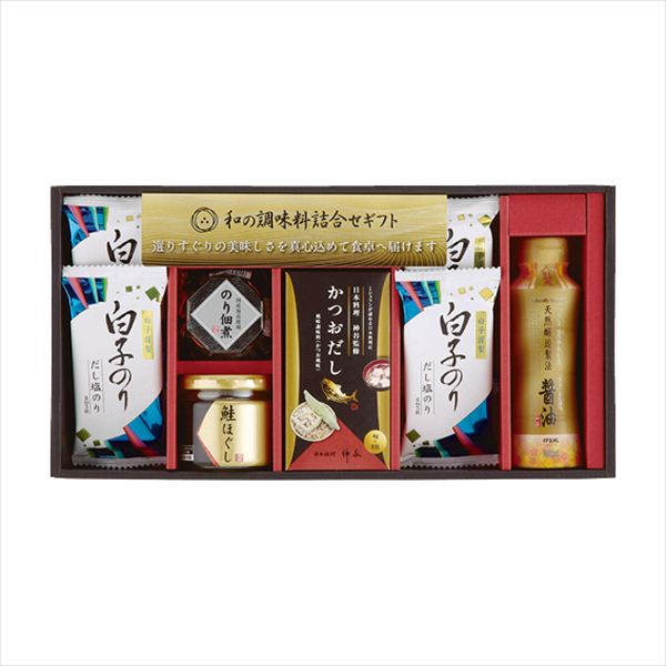 ■商品紹介内容/のり佃煮:80g×1・鮭ほぐし:50g×1・かつおだし:4g×8袋×1・伊賀越天然醸造醤油:200ml×1・白子だし塩のり:8切5枚×4《乳・小麦》 ■パッケージサイズ：箱寸/210×395×75 ■重量：約1160g メー...