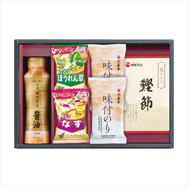■商品紹介内容/天然醸造醤油:200ml×1・アマノフーズいつものおみそ汁（なす）×1・アマノフーズいつものおみそ汁（ほうれん草）×1・大森屋味付のり:8切5枚×2・柳屋本店かつおパック:3g×3袋×1《小麦・えび》 ■パッケージサイズ：箱...