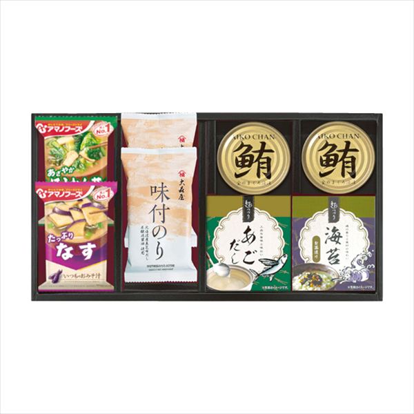 ■商品紹介内容/大森屋味付のり:8切5枚×2・アマノフーズいつものおみそ汁（なす）×1・アマノフーズいつものおみそ汁（ほうれん草）×1・あごだし:6g×2袋×1・海苔茶漬け:5.5g×2袋×1・鮪油漬けフレーク:70g×2《乳・小麦・えび》...