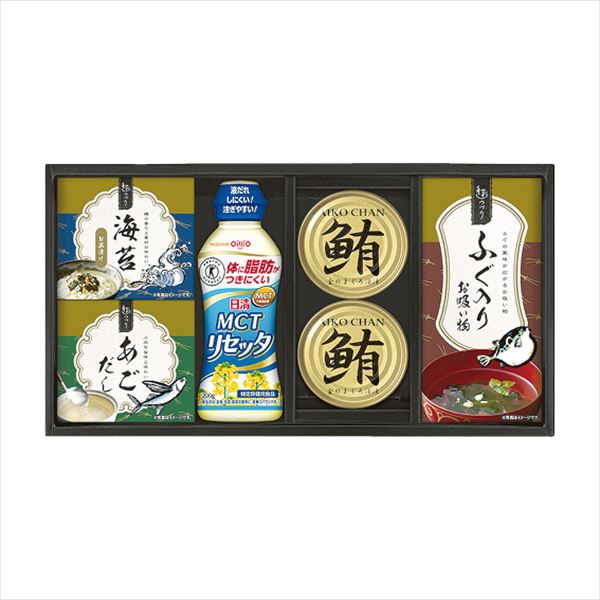 ■商品紹介内容/日清MCTリセッタ:200g×1・ふぐ入りお吸い物:3.2g×3袋×1・海苔茶漬け:5.5g×2袋×1・あごだし:6g×2袋×1・鮪油漬けフレーク:70g×2《乳・小麦》 ■パッケージサイズ：箱寸/195×360×43 ■重...