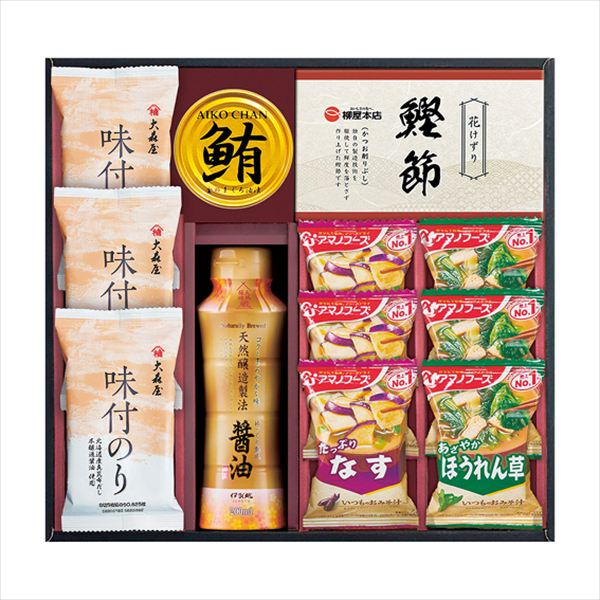 ■商品紹介内容/天然醸造?油:200ml×1・アマノフーズいつものおみそ汁（なす）×3・アマノフーズいつものおみそ汁（ほうれん草）×3・大森屋味付のり:8切5枚×3・柳屋本店かつおパック:3g×3袋×1・鮪油漬けフレーク:70g×1《小麦・...